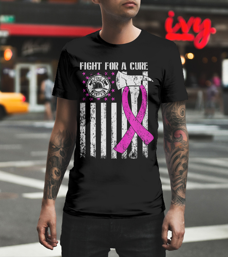 Fight For A Cure Fire Dept Pink Ribbon Axe Flag T-Shirt