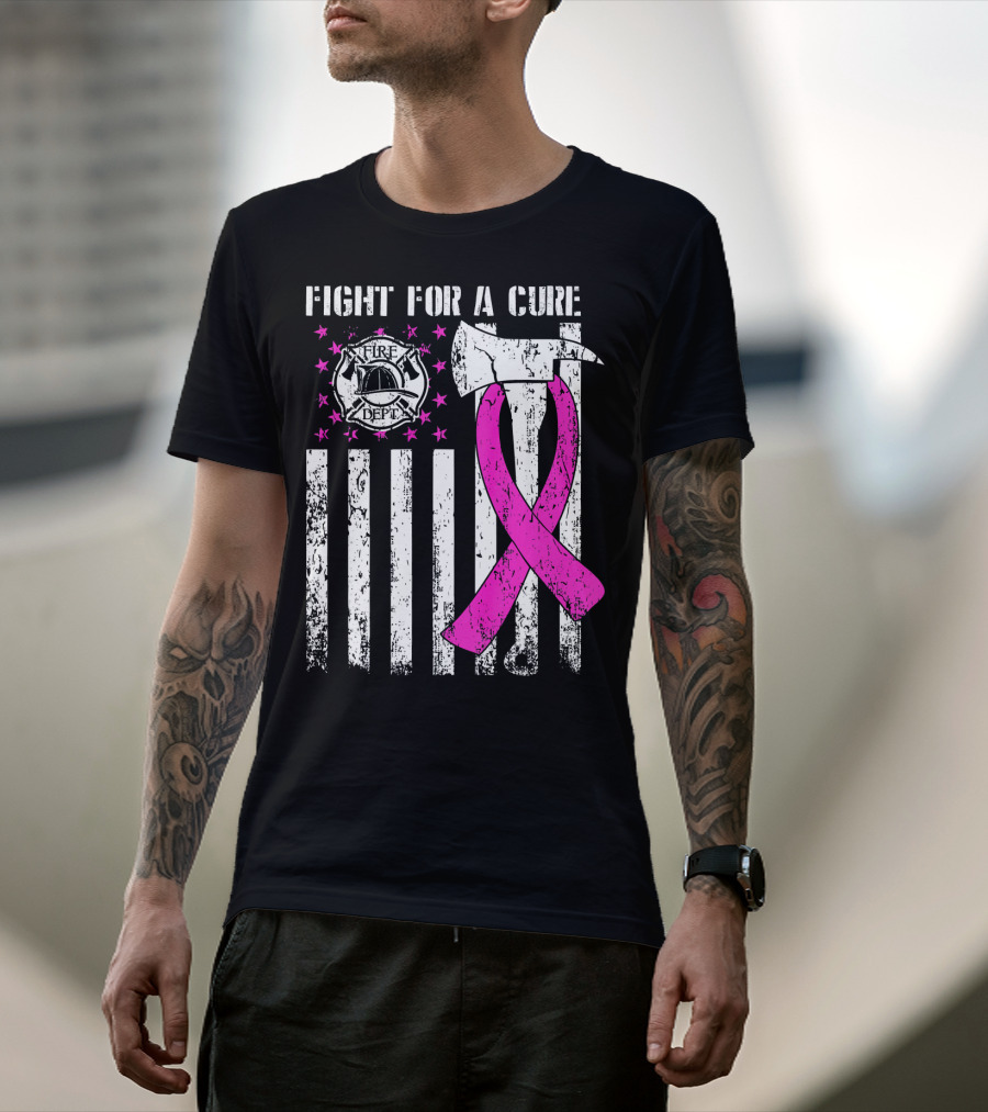 Fight For A Cure Fire Dept Pink Ribbon Axe Flag T-Shirt