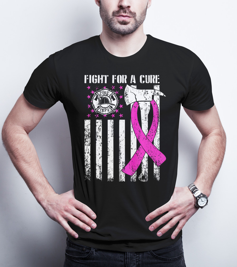 Fight For A Cure Fire Dept Pink Ribbon Axe Flag T-Shirt
