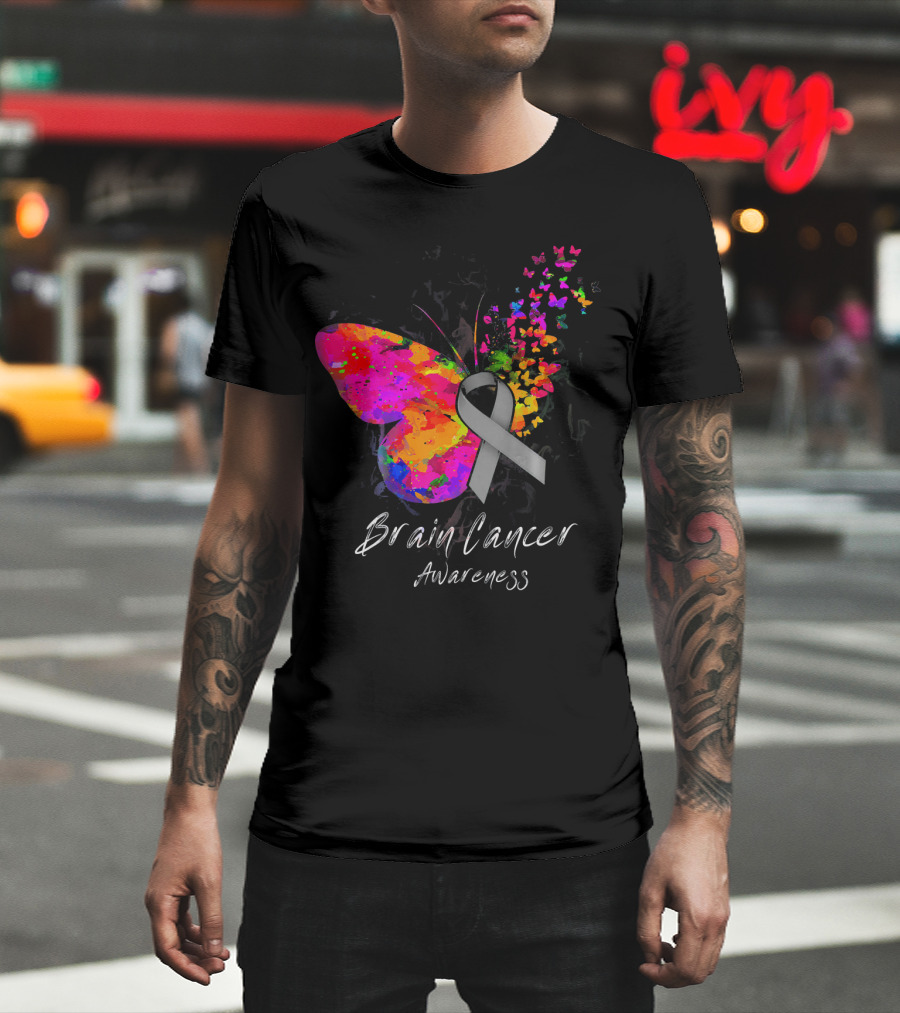Brain Cancer Awareness Butterfly With Gray Ribbon And Colorful Wing Motif T-Shirt