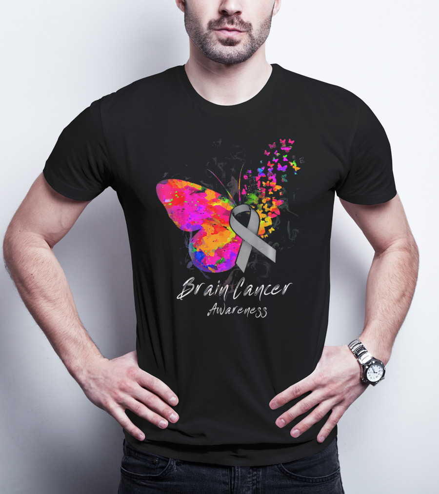 Brain Cancer Awareness Butterfly With Gray Ribbon And Colorful Wing Motif T-Shirt