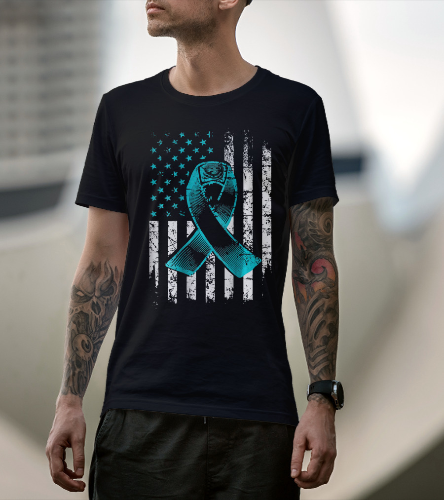 Fighting Flag Ovarian Cancer Awareness With Teal Ribbon And American T-Shirt
