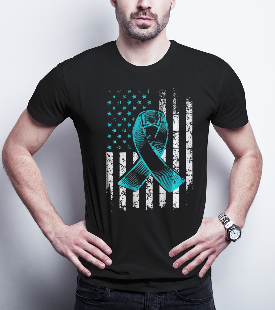 Fighting Flag Ovarian Cancer Awareness With Teal Ribbon And American T-Shirt