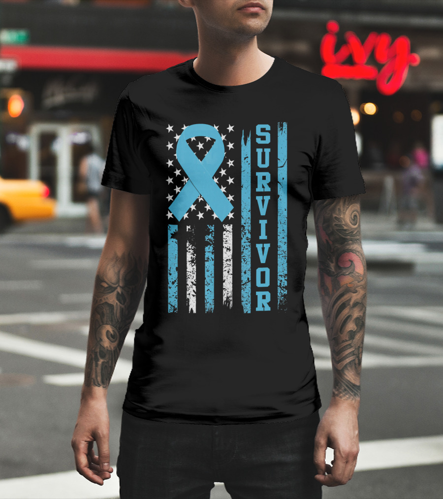 Survivor Blue Ribbon American Flag Prostate Cancer T-Shirt