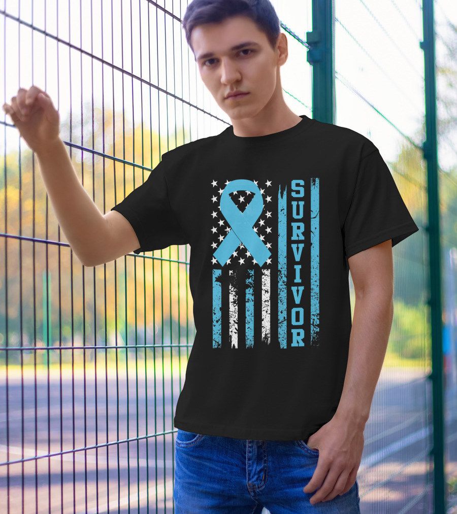 Survivor Blue Ribbon American Flag Prostate Cancer T-Shirt