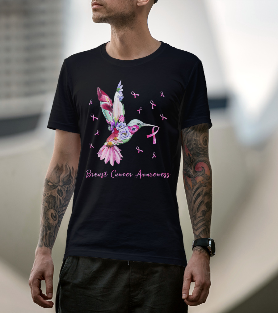Breast Cancer Awareness Pink Ribbon Flower Hummingbird T-Shirt