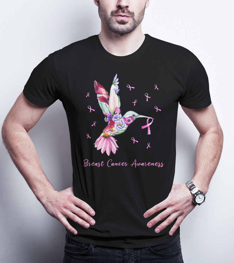 Breast Cancer Awareness Pink Ribbon Flower Hummingbird T-Shirt