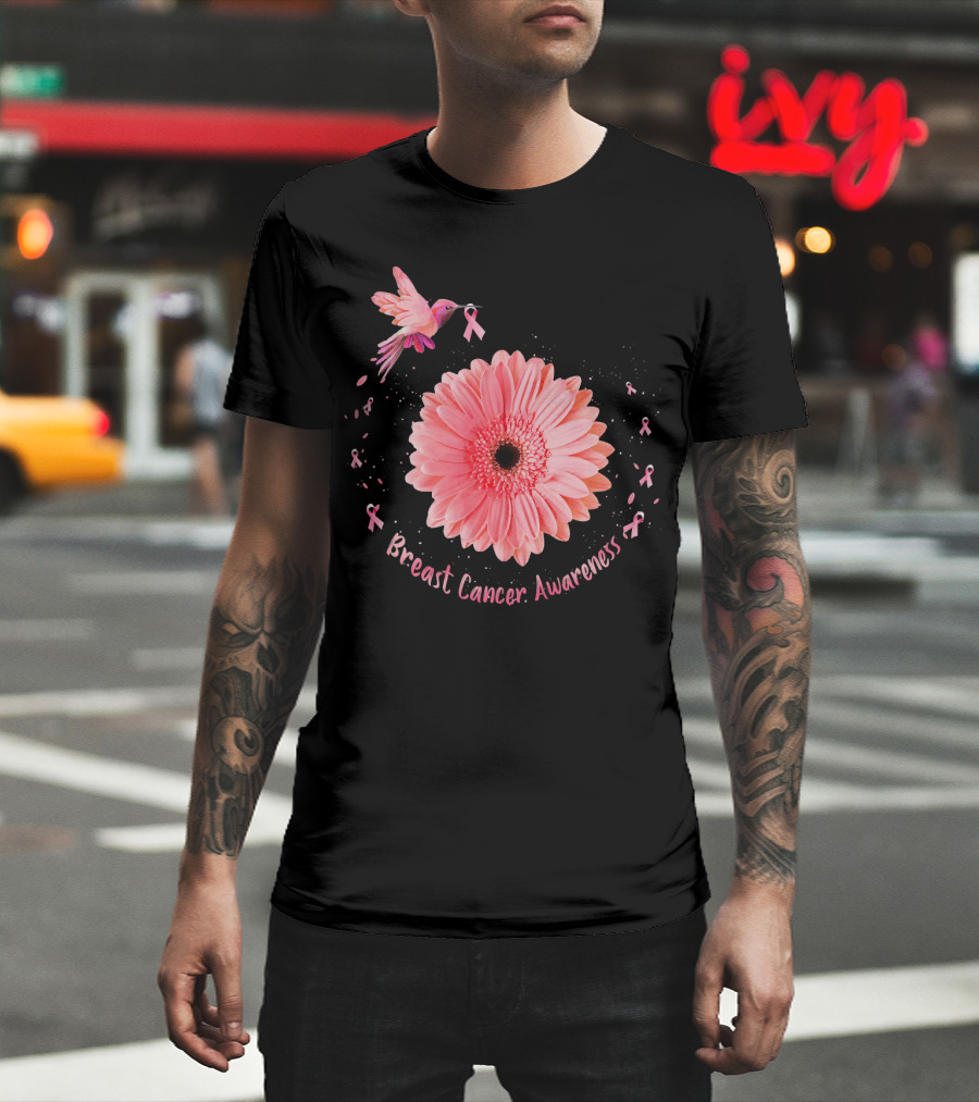 Hummingbird Pink Ribbon Breast Cancer Awareness Sunflower T-Shirt