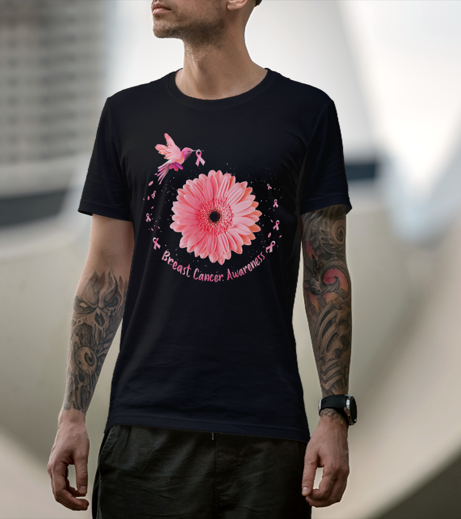 Hummingbird Pink Ribbon Breast Cancer Awareness Sunflower T-Shirt