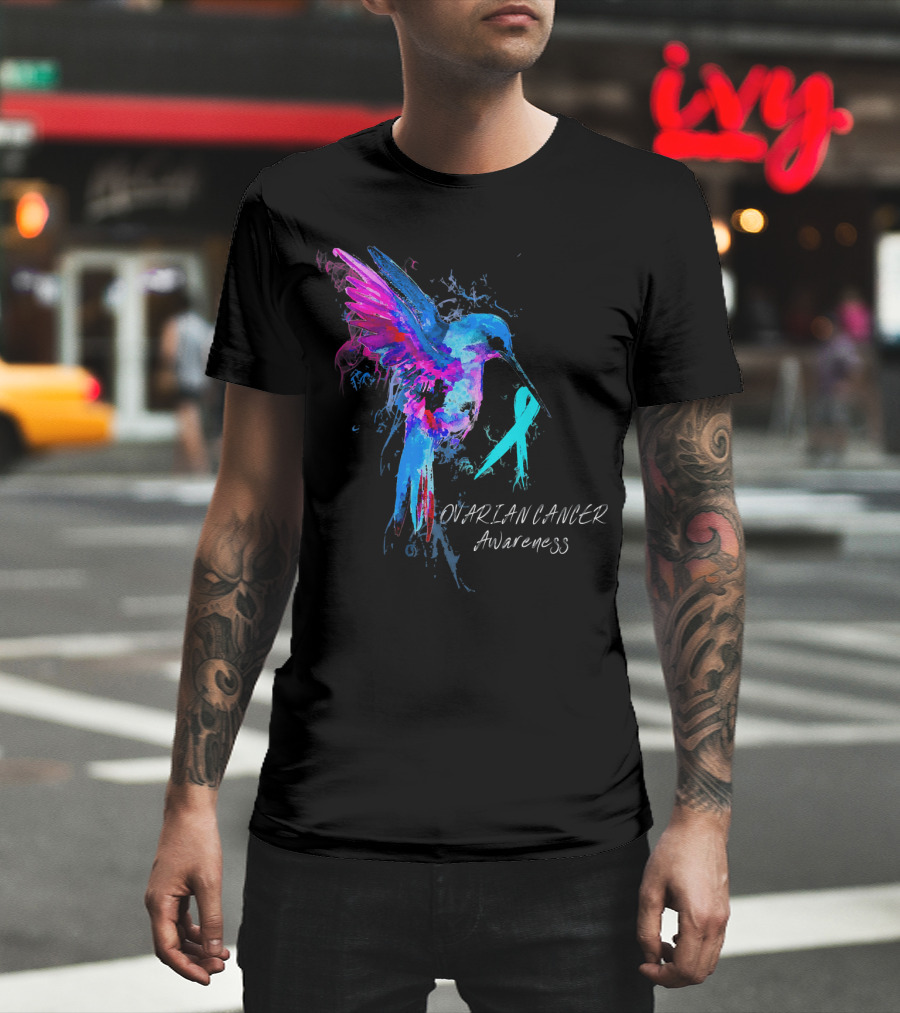 OVARIAN CANCER Awareness Hummingbird With Teal T-Shirt