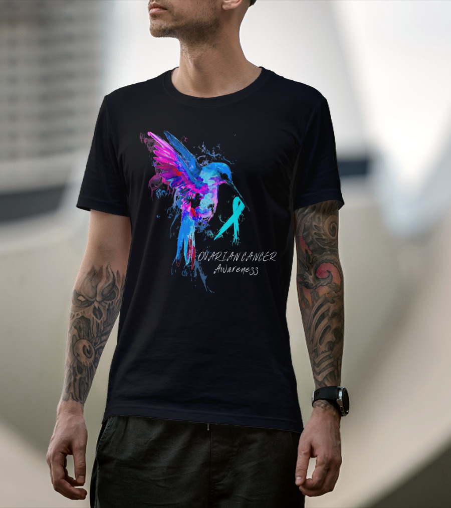 OVARIAN CANCER Awareness Hummingbird With Teal T-Shirt