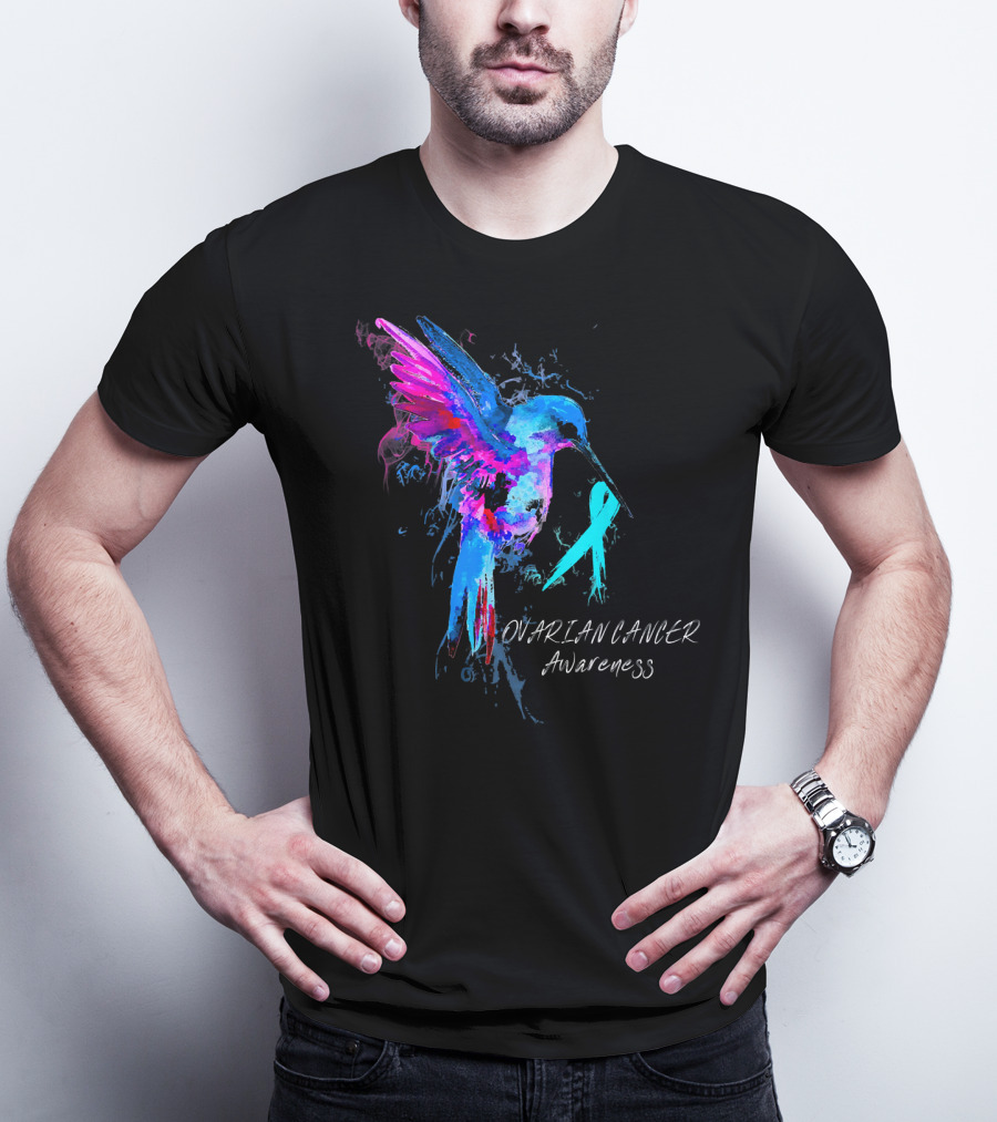 OVARIAN CANCER Awareness Hummingbird With Teal T-Shirt