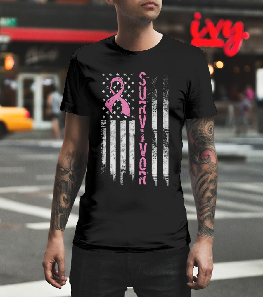 Breast Cancer Survivor Pink Ribbon American Flag T-Shirt