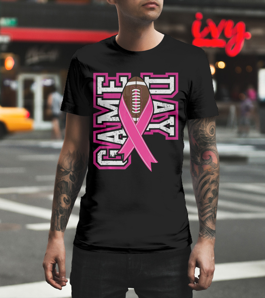 Game Day Breast Cancer Awareness Pink Ribbon Football T-Shirt