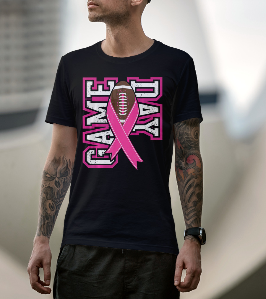 Game Day Breast Cancer Awareness Pink Ribbon Football T-Shirt