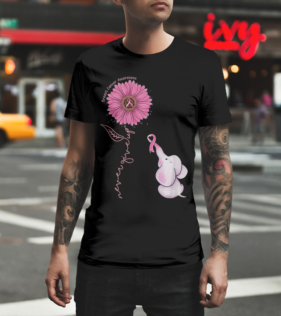 Breast Cancer Awareness Never Give Up Pink Ribbon Sunflower Elephant T-Shirt