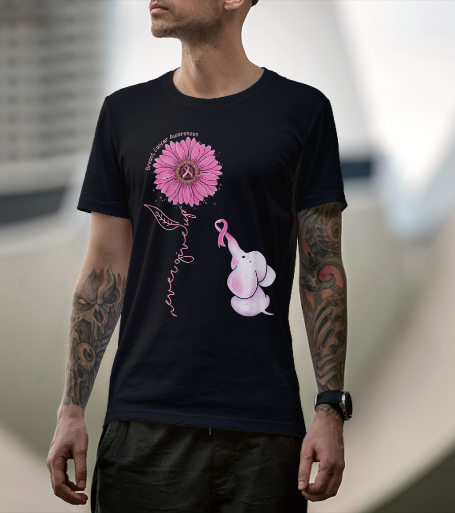 Breast Cancer Awareness Never Give Up Pink Ribbon Sunflower Elephant T-Shirt