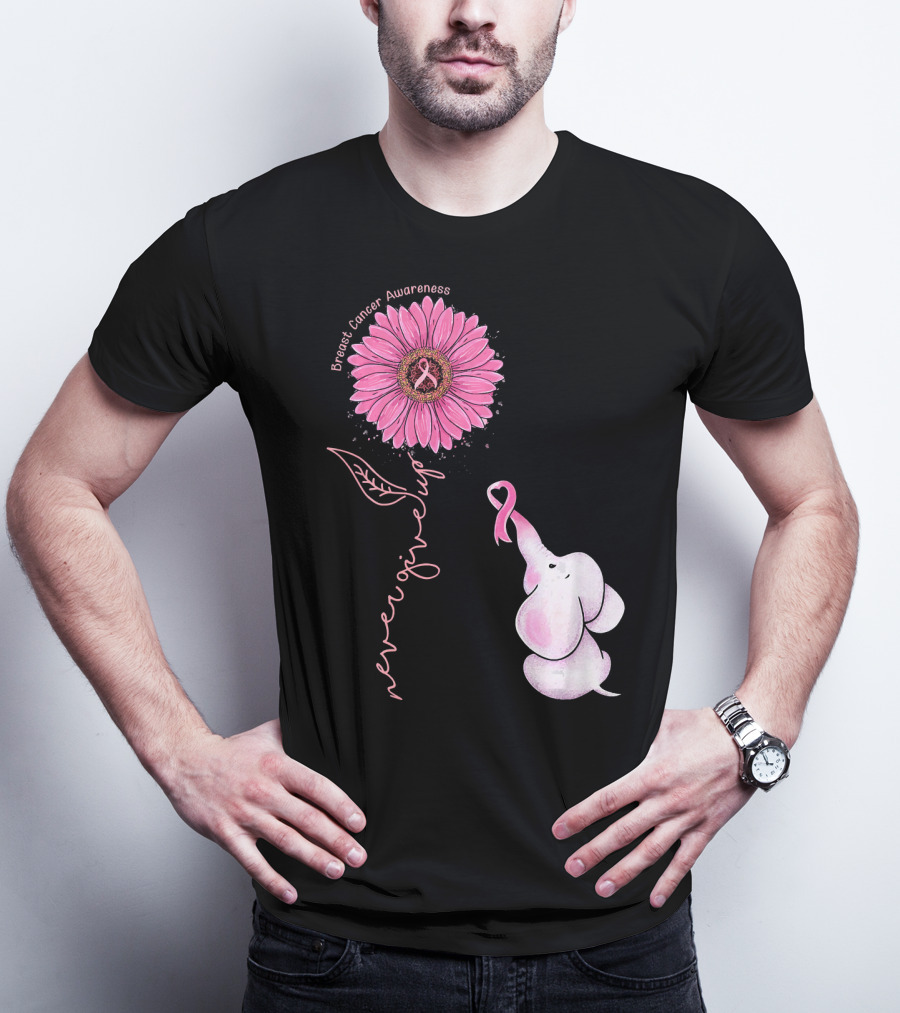 Breast Cancer Awareness Never Give Up Pink Ribbon Sunflower Elephant T-Shirt