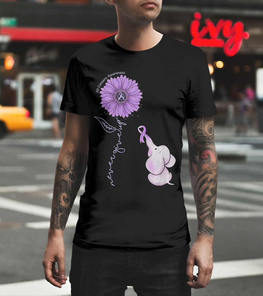 Never Giving Up All Cancers Awareness Sunflower Elephant T-Shirt