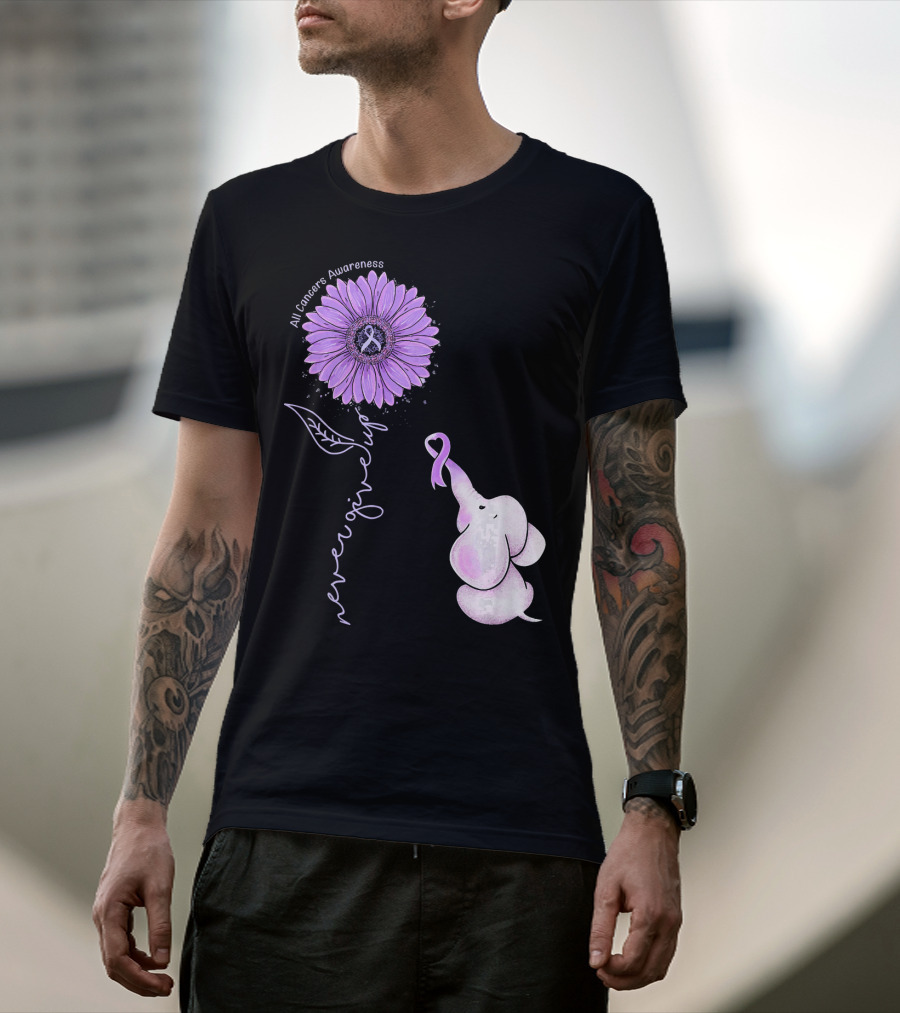 Never Giving Up All Cancers Awareness Sunflower Elephant T-Shirt