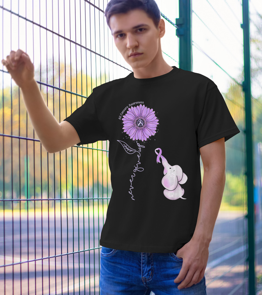 Never Giving Up All Cancers Awareness Sunflower Elephant T-Shirt