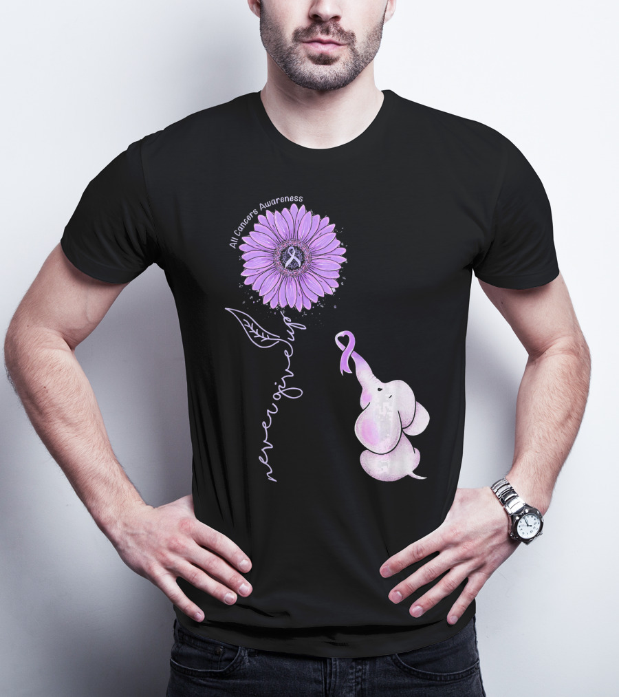 Never Giving Up All Cancers Awareness Sunflower Elephant T-Shirt