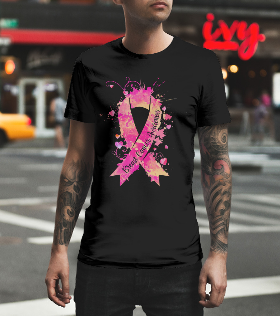 Breast Cancer Awareness Pink Ribbon Hearts And Splash T-Shirt