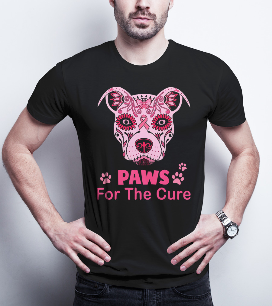 Paws For The Cure Breast Cancer Awareness Pitbull Sugar Skull T-Shirt