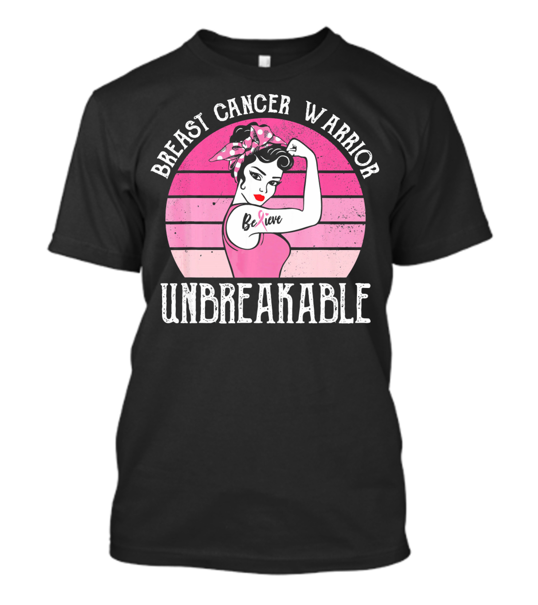 Breast Cancer Warrior Believe Unbreakable Retro Sunset T-Shirt