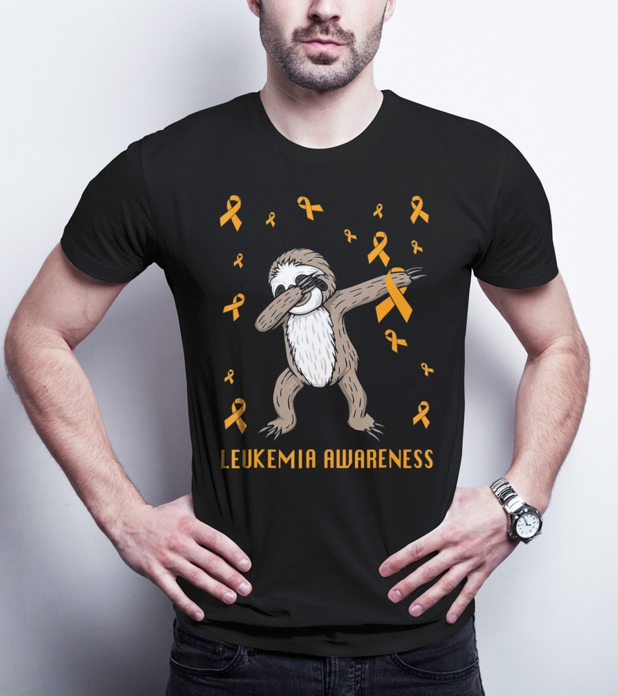 Leukemia Awareness Dabbing Sloth With Orange Ribbons T-Shirt