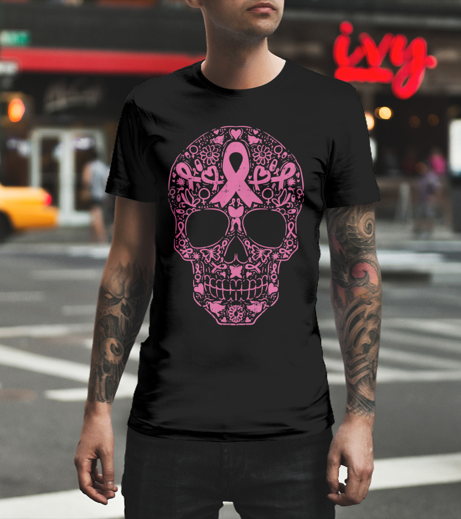 Sugar Skull Pink Ribbon Breast Cancer Awareness Calavera T-Shirt