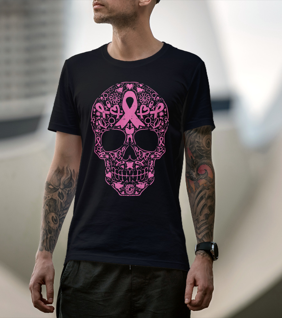 Sugar Skull Pink Ribbon Breast Cancer Awareness Calavera T-Shirt