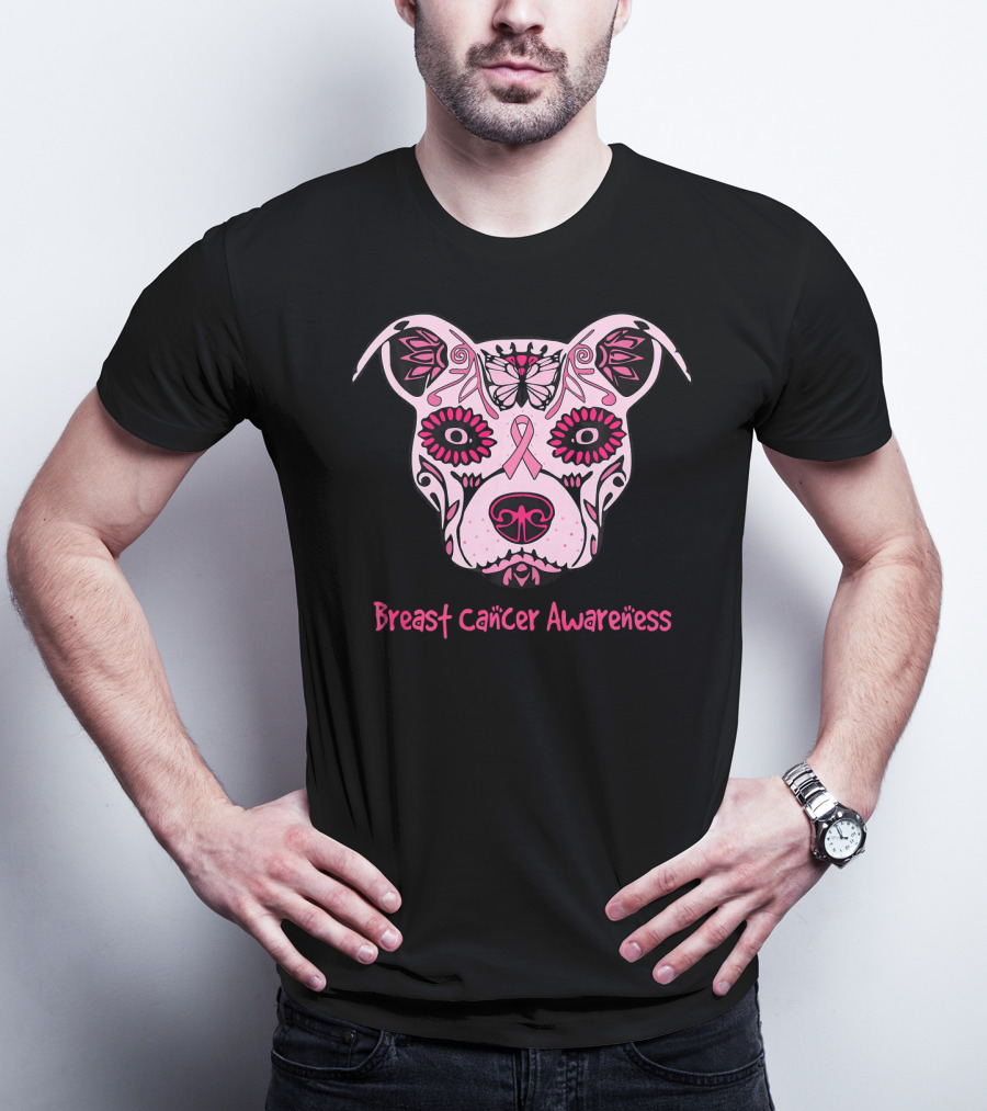 Sugar Pitbull Dog Breast Cancer Awareness Pink Ribbon T-Shirt