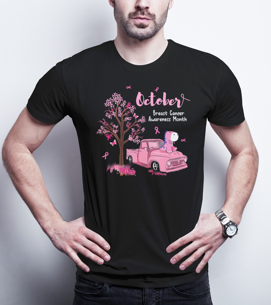 October Pink Ribbon Pumpkin Truck Dinosaur Breast Cancer Awareness Month T-Shirt
