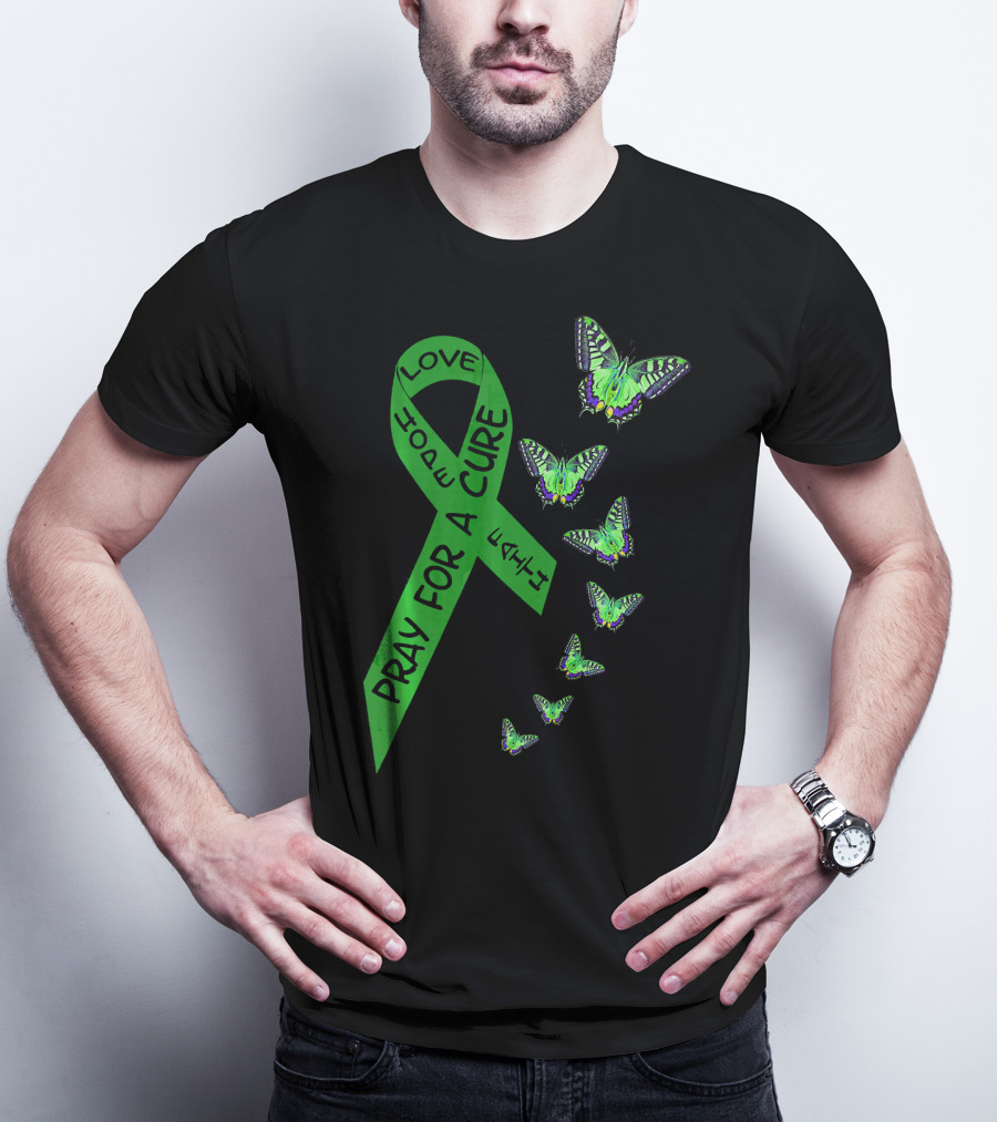 Liver Cancer Awareness Green Ribbon Pray For A Cure Hope Faith Love Butterflies T-Shirt