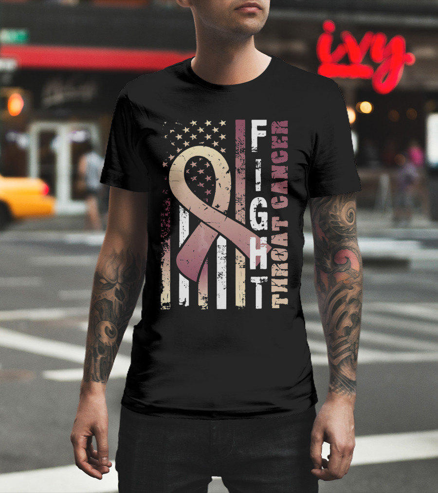 Fight Throat Cancer Awareness Ribbon American Flag T-Shirt