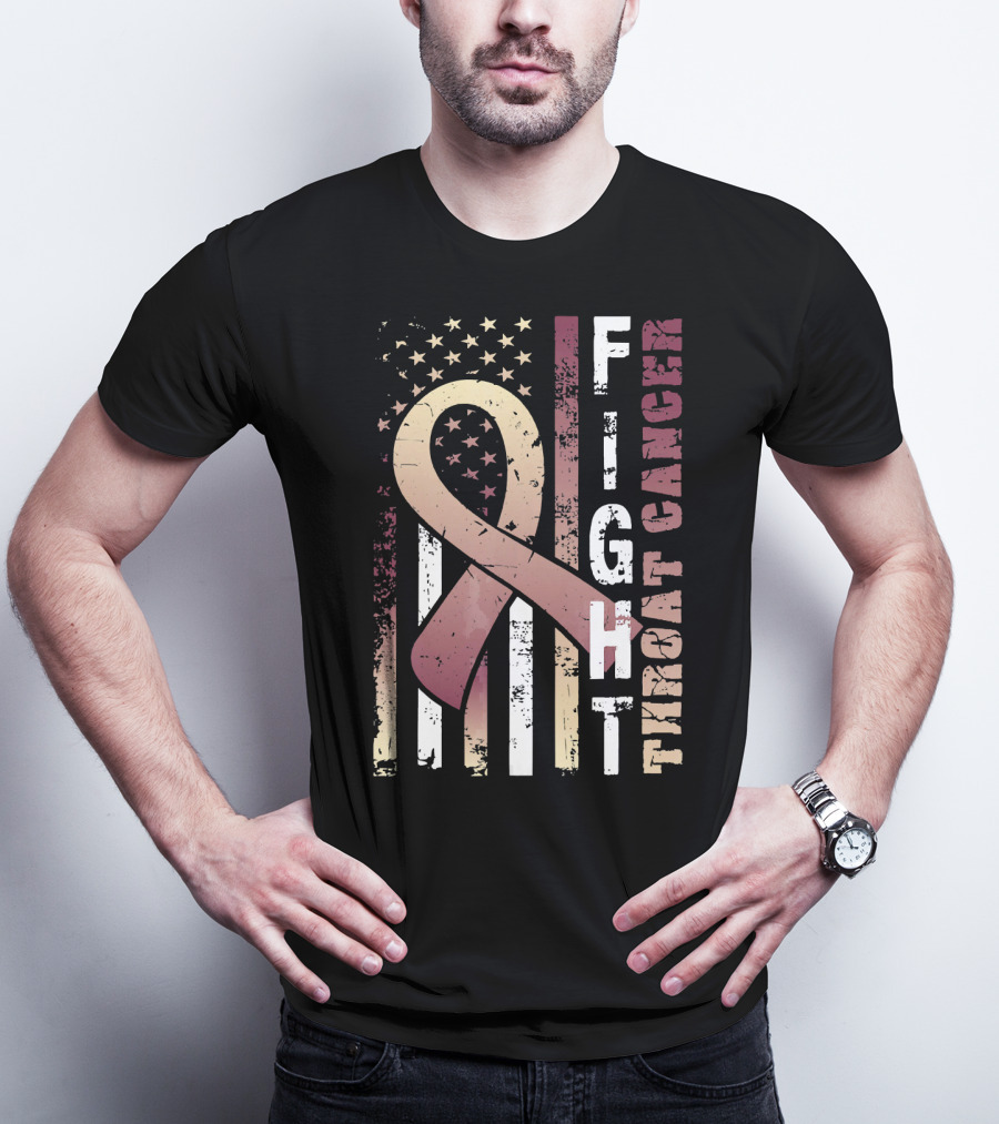Fight Throat Cancer Awareness Ribbon American Flag T-Shirt