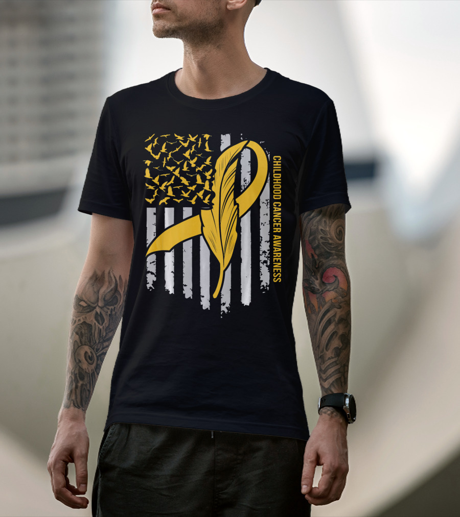 Childhood Cancer Awareness Gold Feather Ribbon Flag T-Shirt