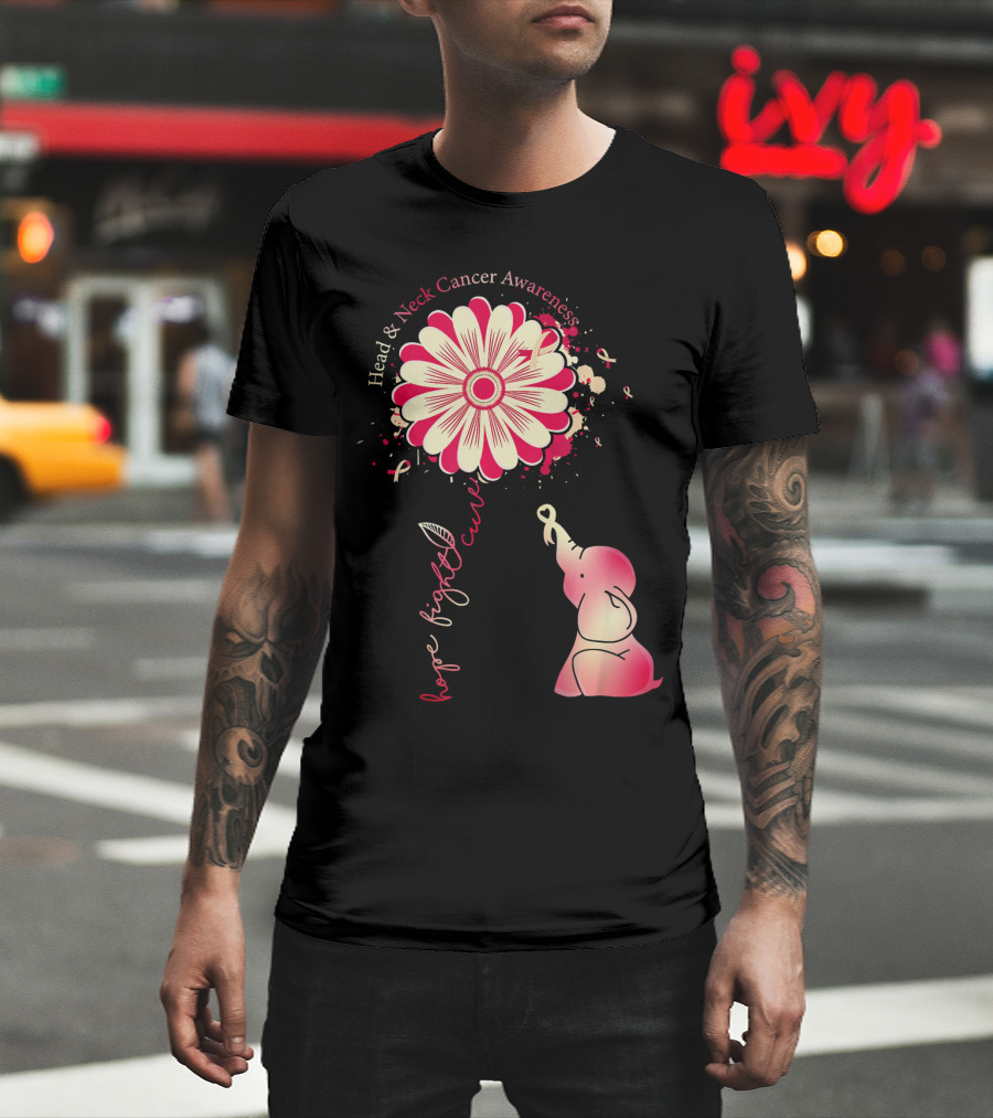 Head And Neck Cancer Awareness White And Burgundy Ribbon Hope Fight Cure Elephant Flower T-Shirt