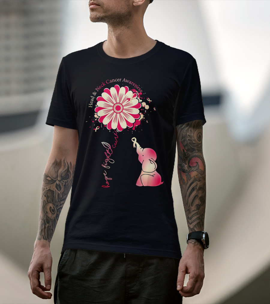 Head And Neck Cancer Awareness White And Burgundy Ribbon Hope Fight Cure Elephant Flower T-Shirt