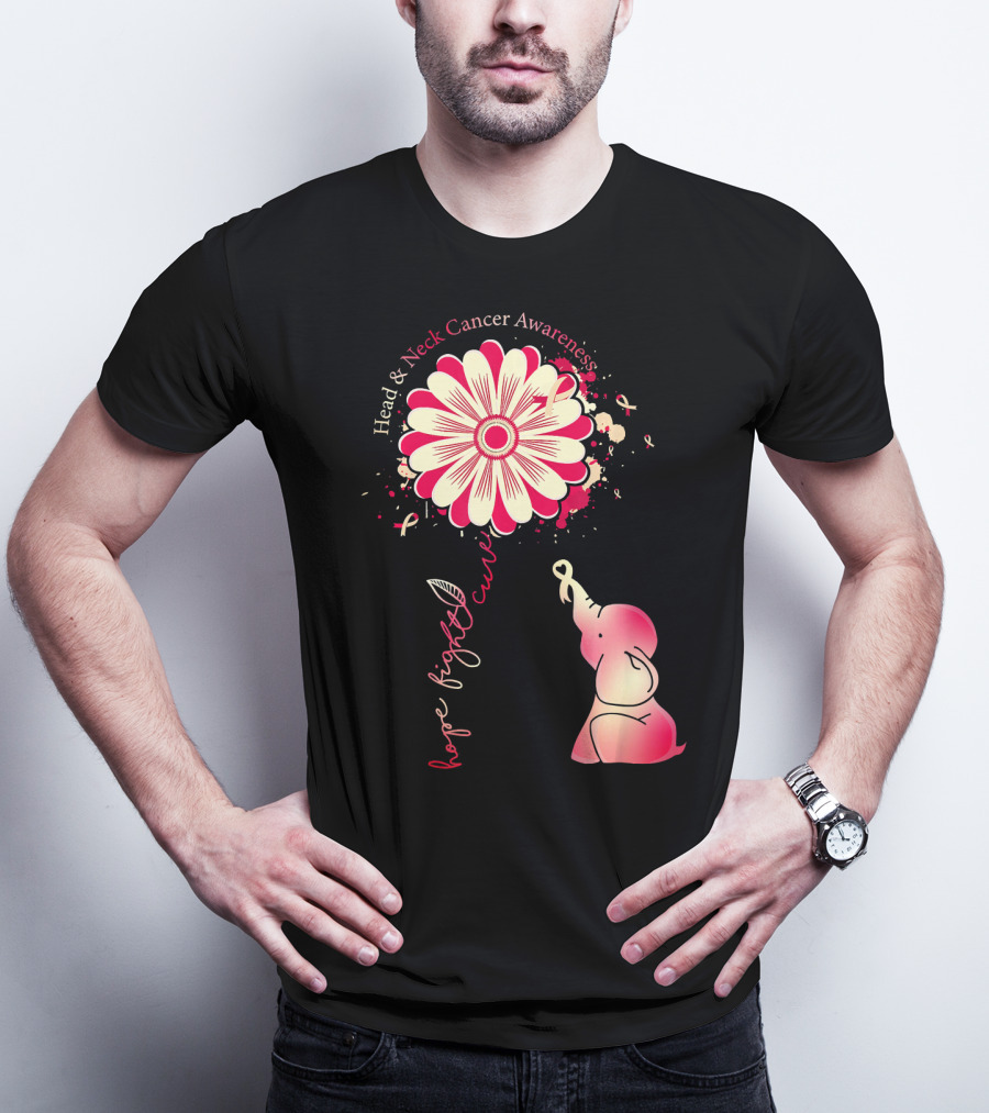Head And Neck Cancer Awareness White And Burgundy Ribbon Hope Fight Cure Elephant Flower T-Shirt
