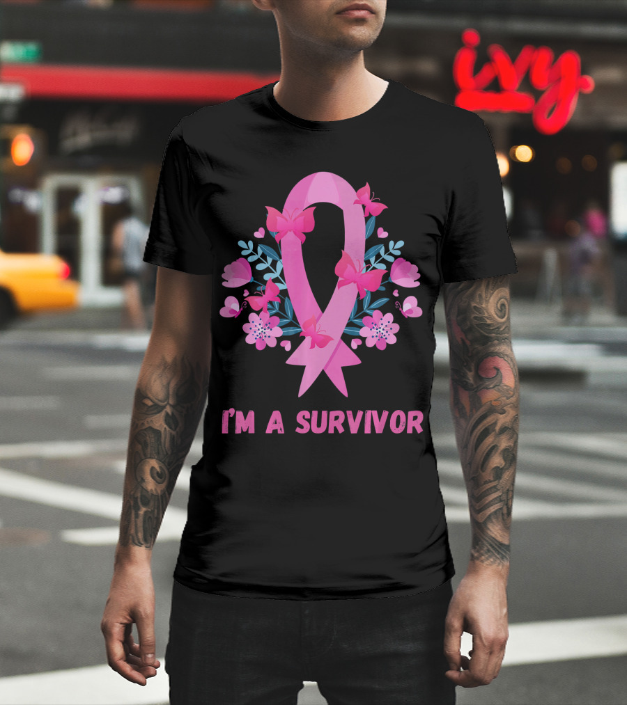 I'm A Survivor Pink Ribbon Butterfly Floral Breast Cancer T-Shirt