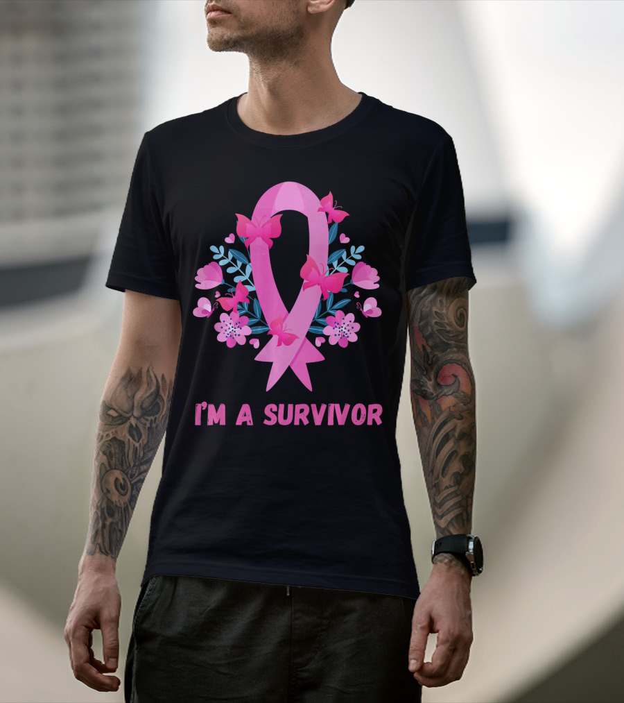 I'm A Survivor Pink Ribbon Butterfly Floral Breast Cancer T-Shirt