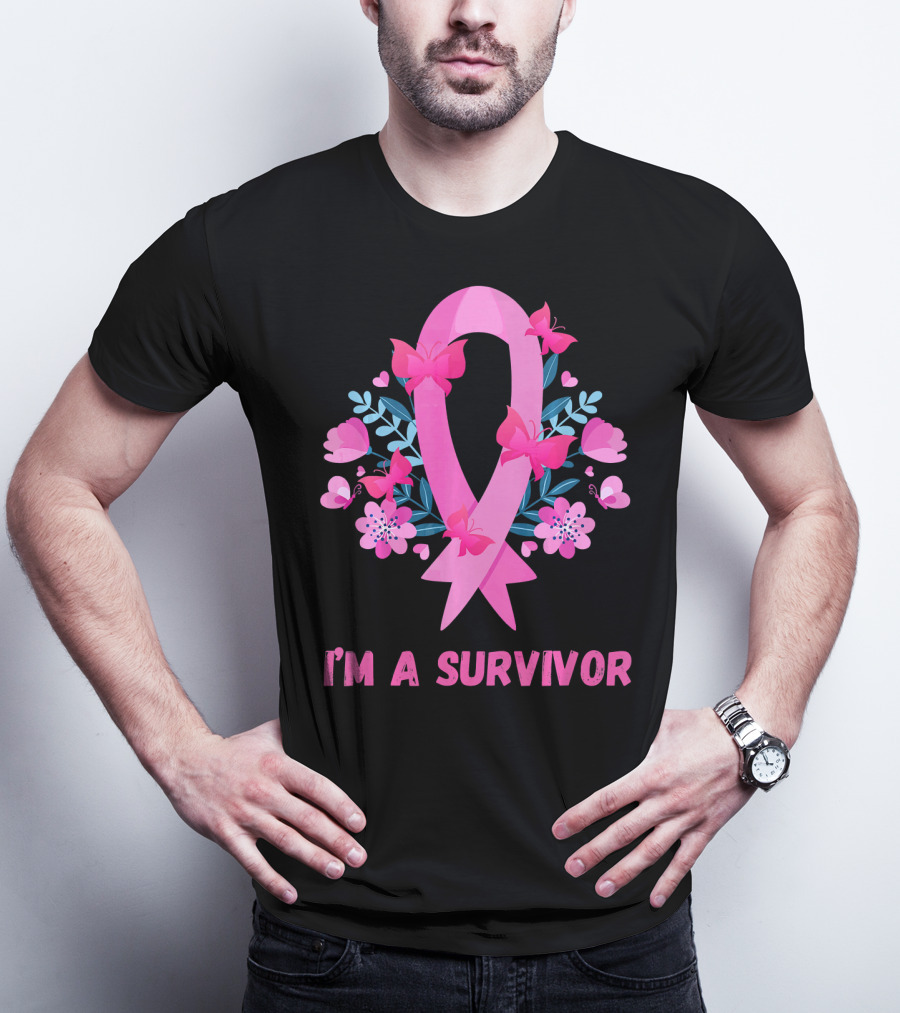 I'm A Survivor Pink Ribbon Butterfly Floral Breast Cancer T-Shirt