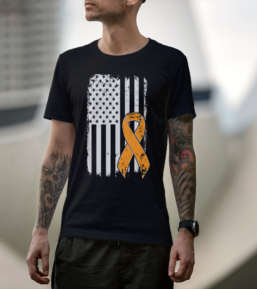 Leukemia Cancer Awareness Vintage US Flag Orange T-Shirt