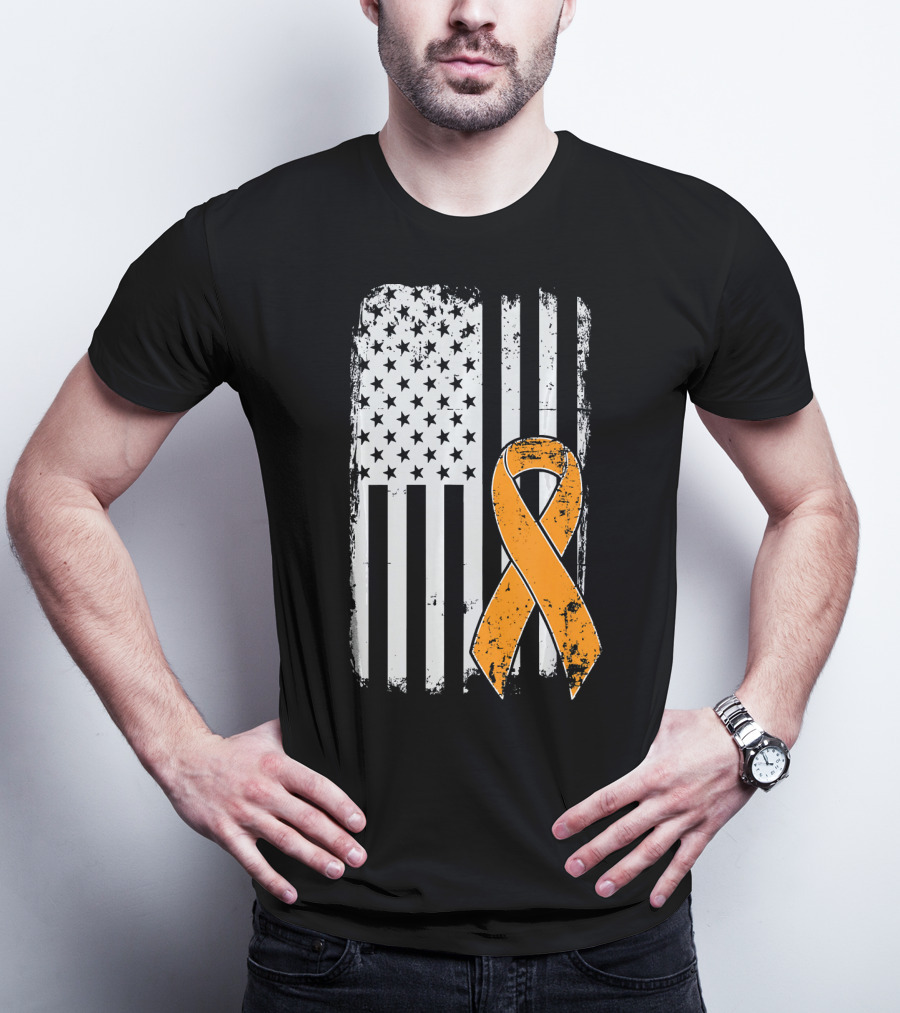 Leukemia Cancer Awareness Vintage US Flag Orange T-Shirt
