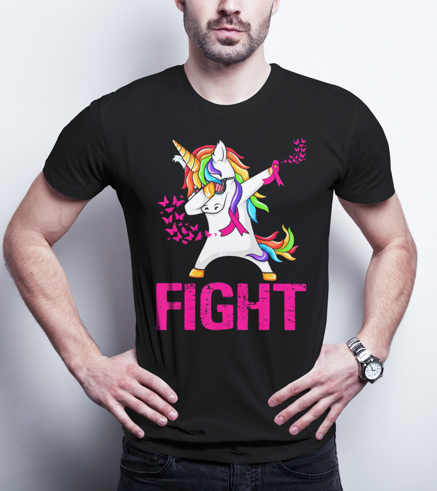 Fight Breast Cancer Awareness Unicorn Dabbing With Rainbow Mane And Butterflies T-Shirt