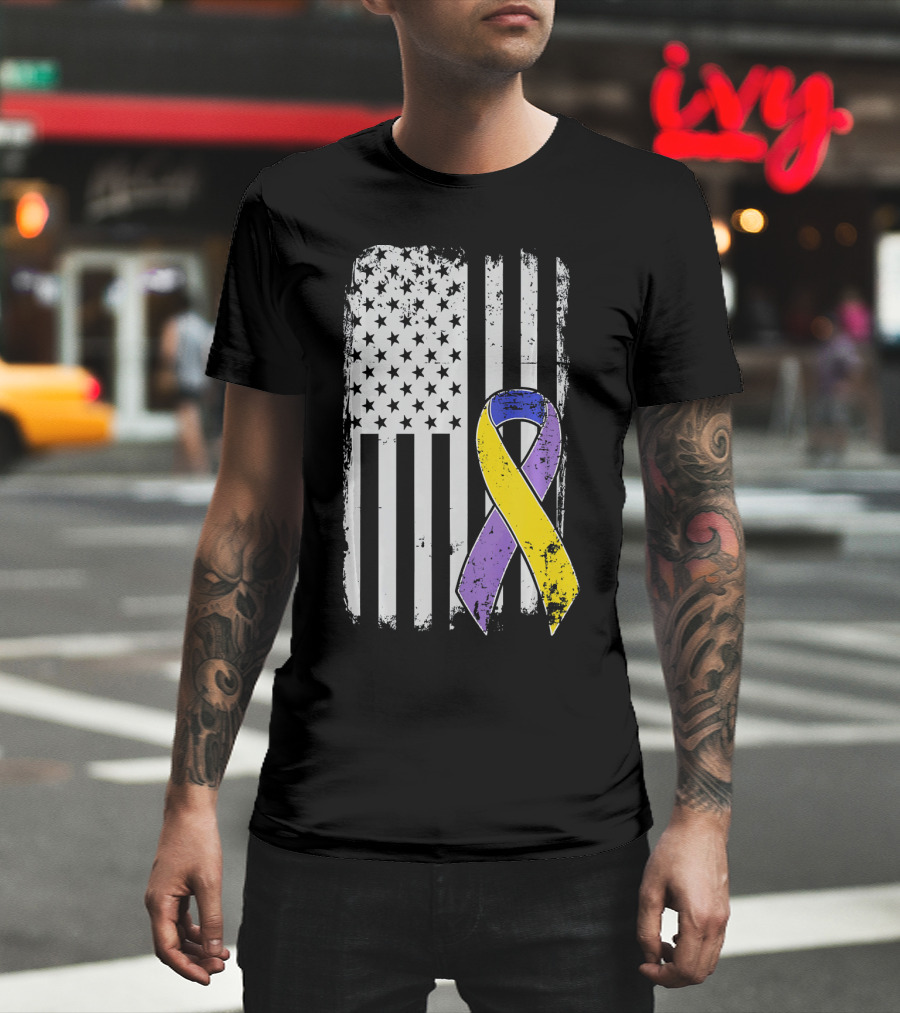 Bladder Cancer Awareness Distressed American Flag Purple Gold T-Shirt