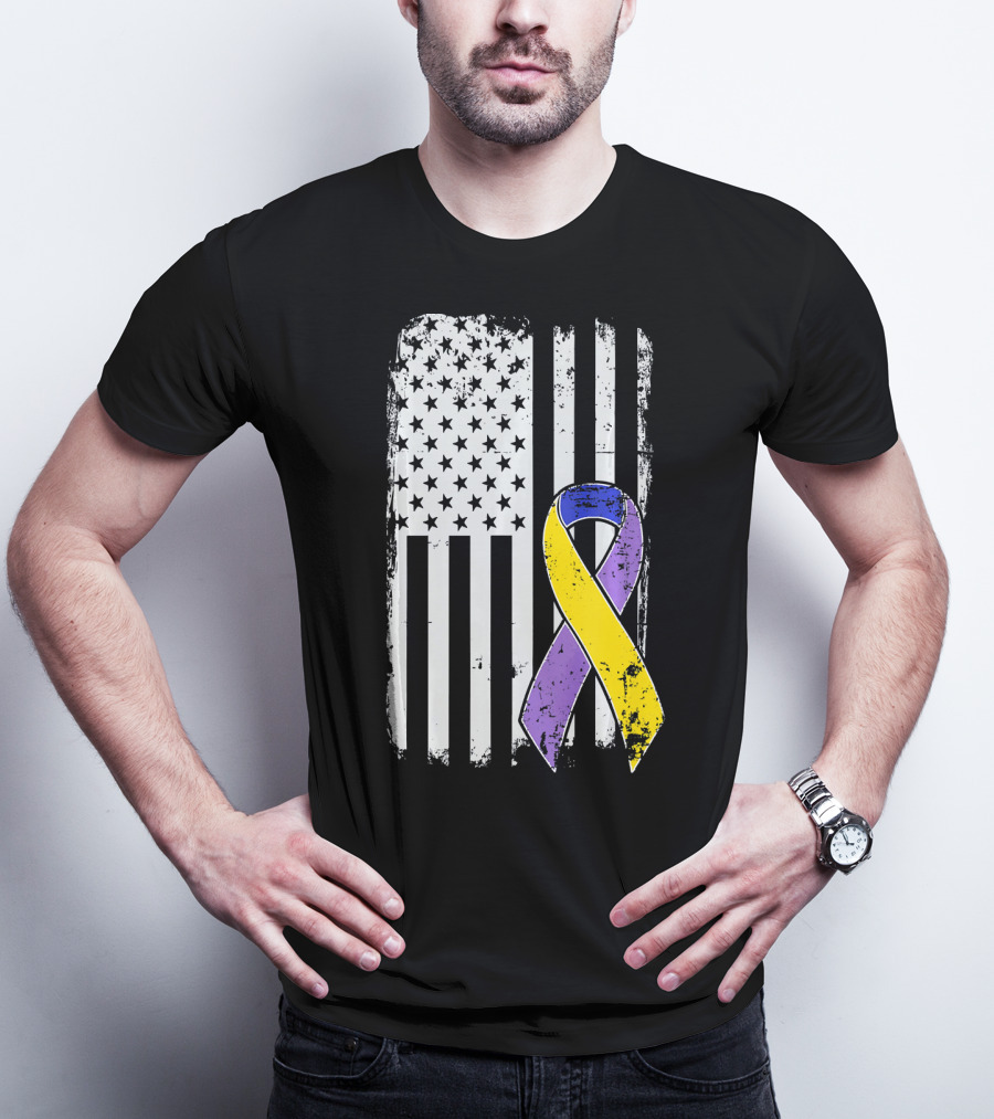 Bladder Cancer Awareness Distressed American Flag Purple Gold T-Shirt