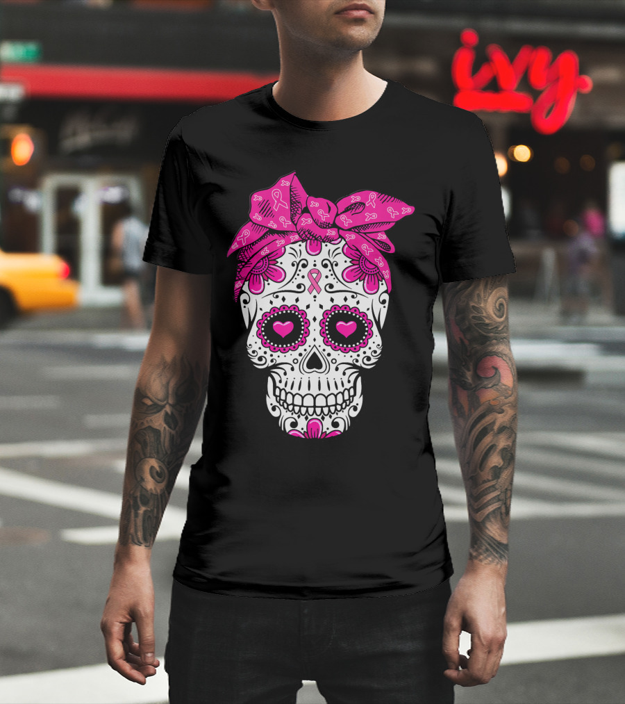 Sugar Skull With Pink Bow And Breast Cancer T-Shirt